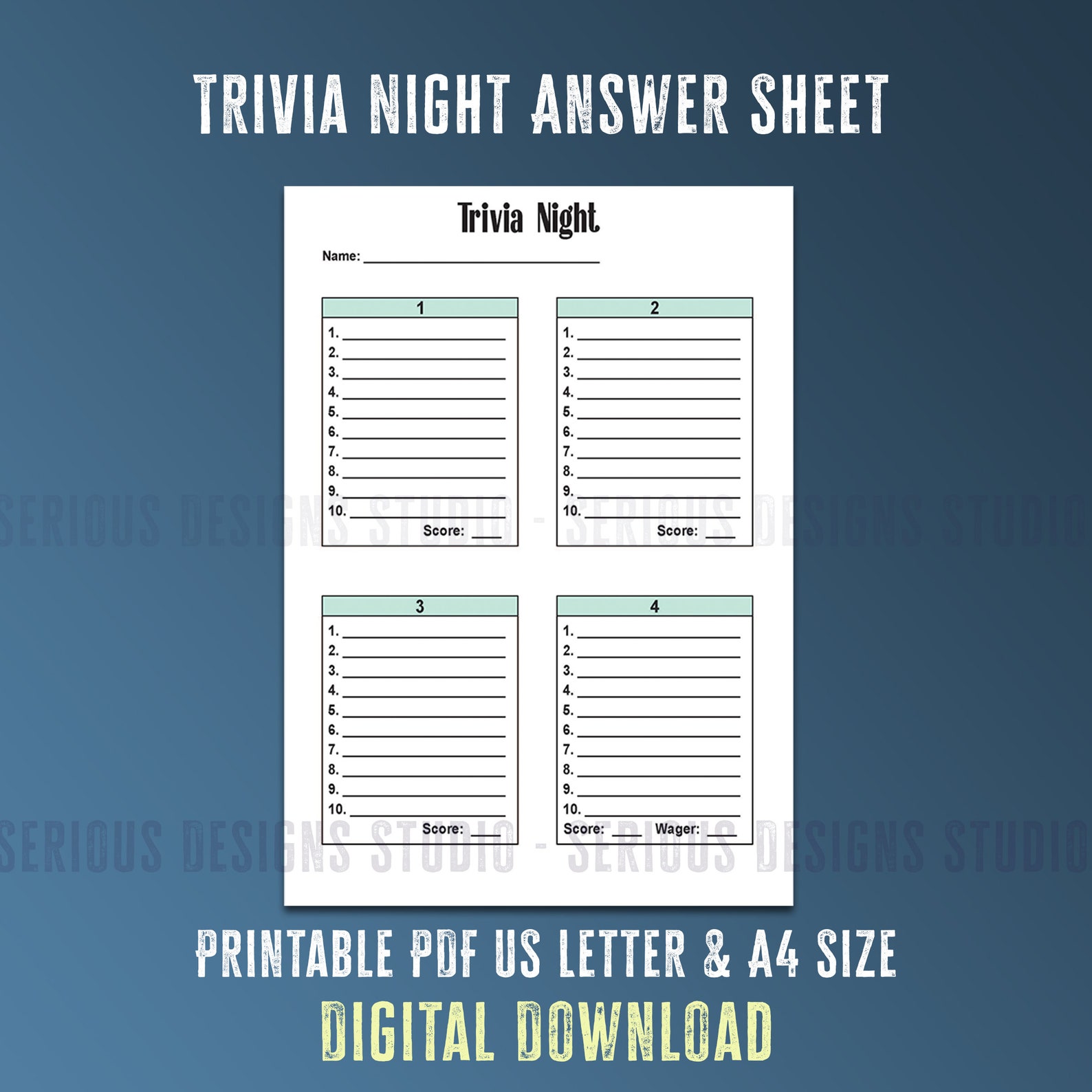 Trivia Answer Sheet, Trivia Night Player Sheet, Trivia Sheets, Print ...