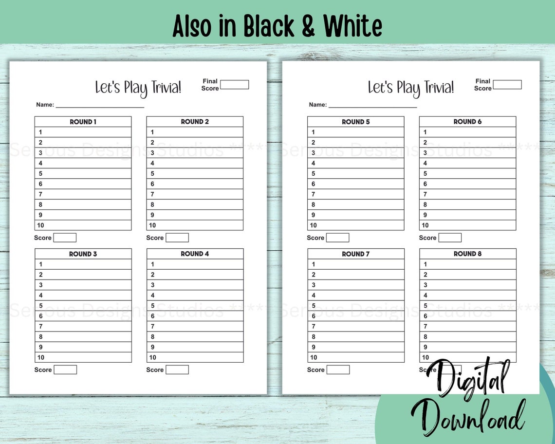 Trivia Answer Sheet, Printable Trivia Sheets, Trivia Host Tools, Trivia ...