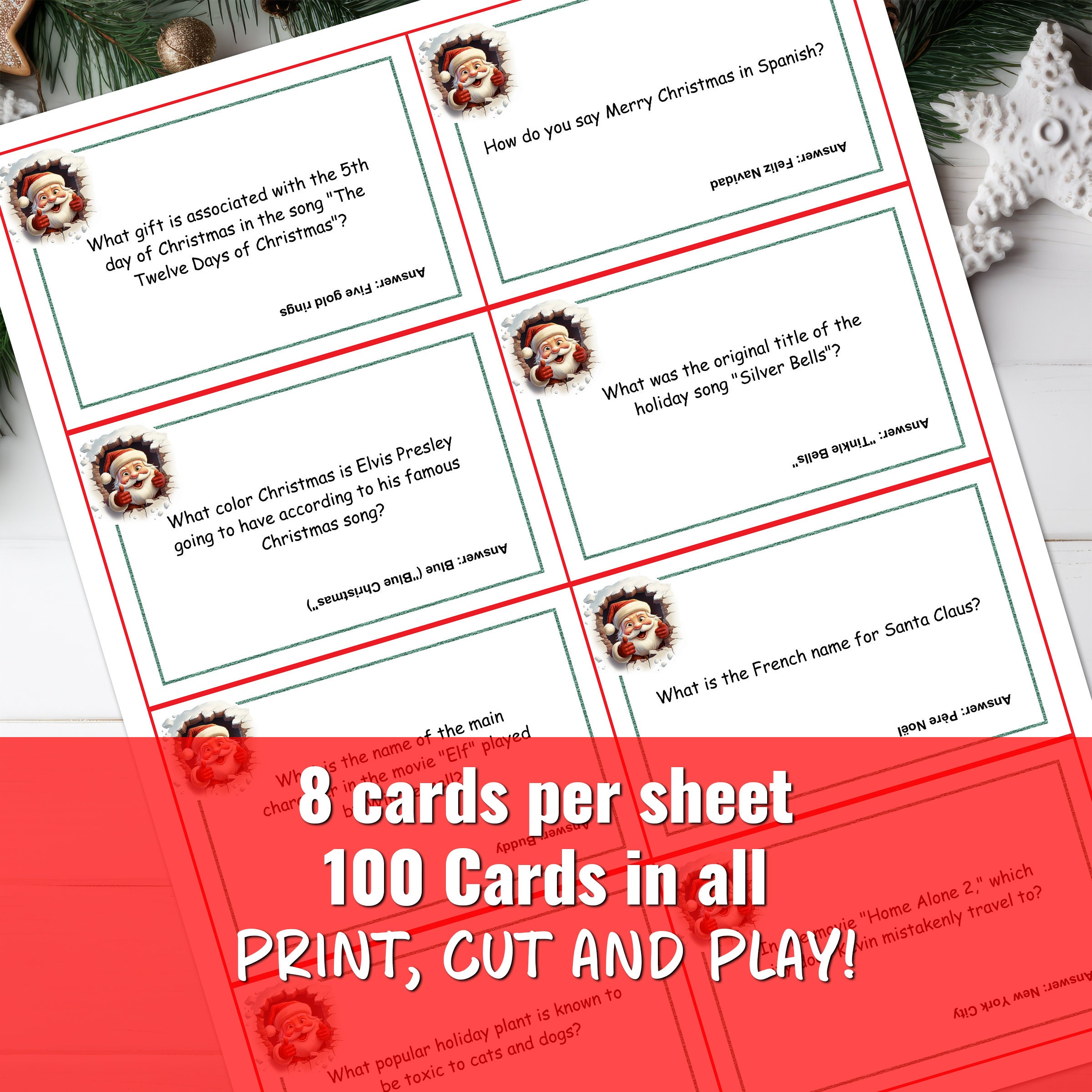 Christmas Trivia Cards, Printable Cards Christmas Edition, PDF, 100 ...