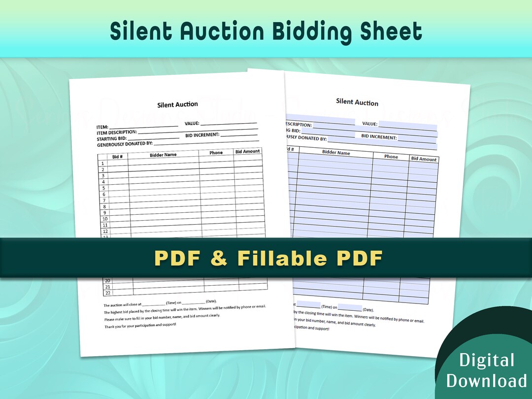 Silent Auction Bid Sheet, Printable and Fillable PDF Fundraising Form ...