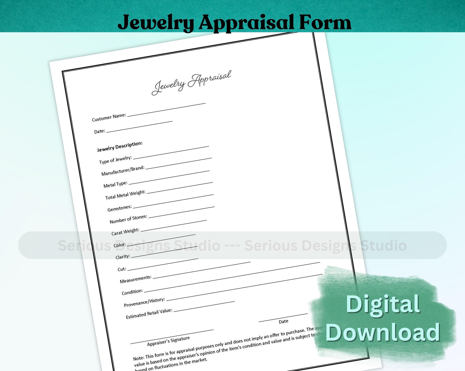 Jewelry Appraisal, Printable Appraisal, Appraisal Form for Jewelers and ...