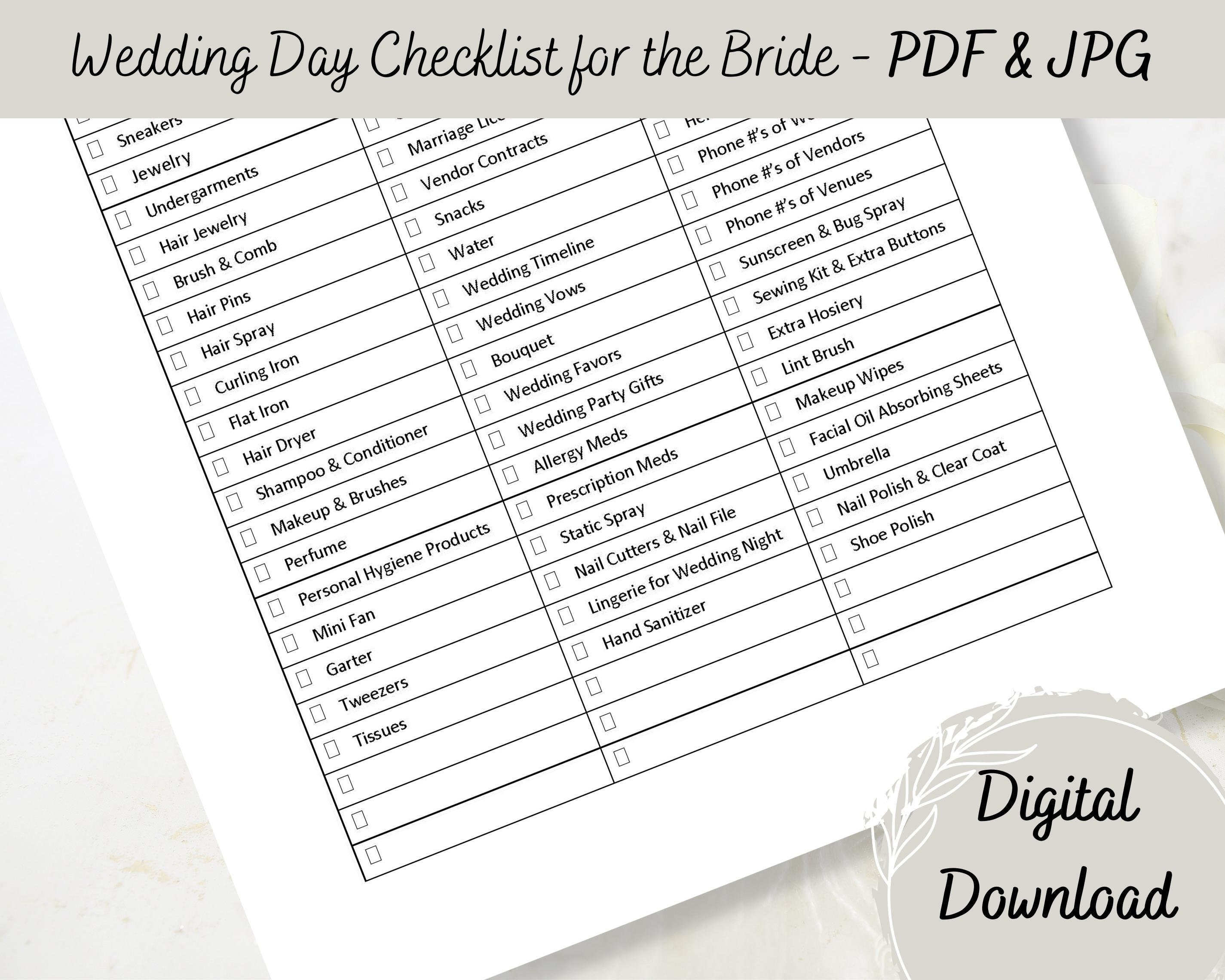 Wedding Day Checklist, Printable Checklist for the Bride, Minimalist ...
