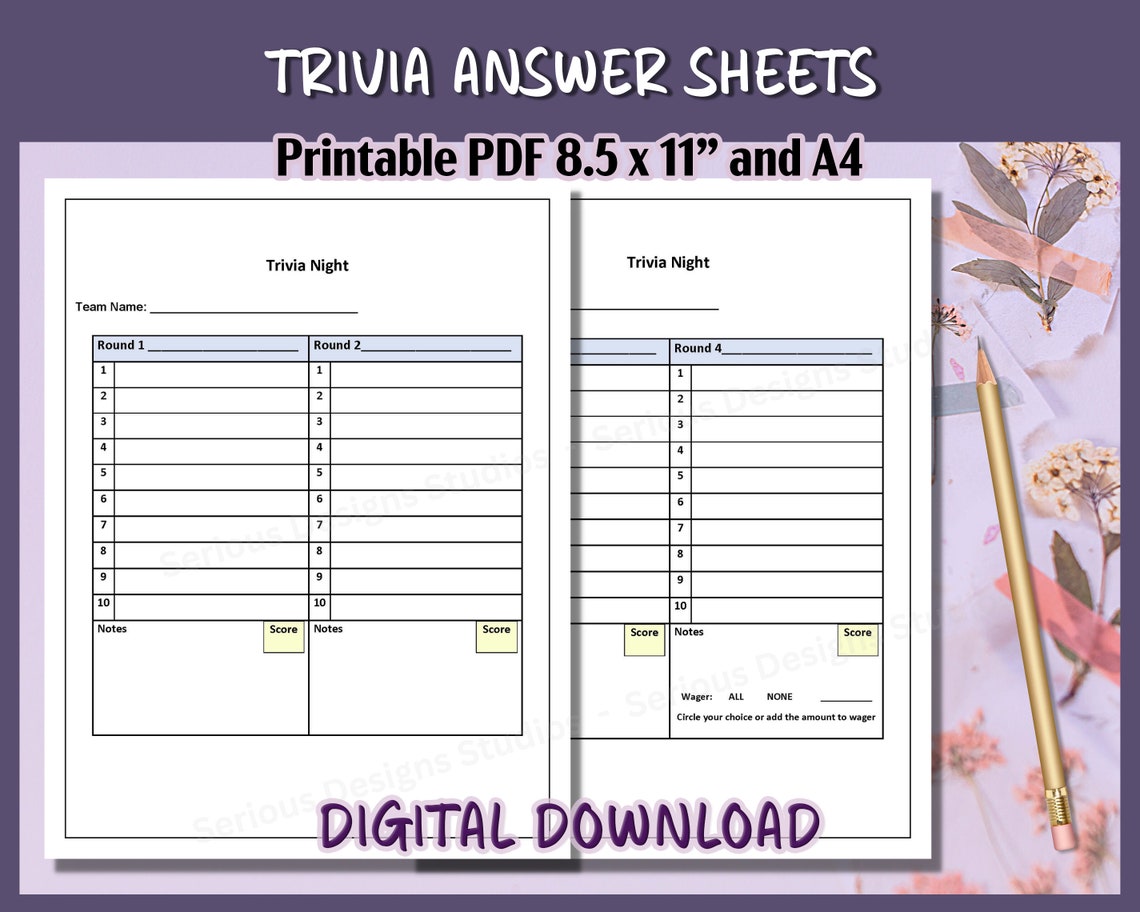 Printable Trivia Sheets, Prints Pages in US Letter and A4 Sizes, PDF ...