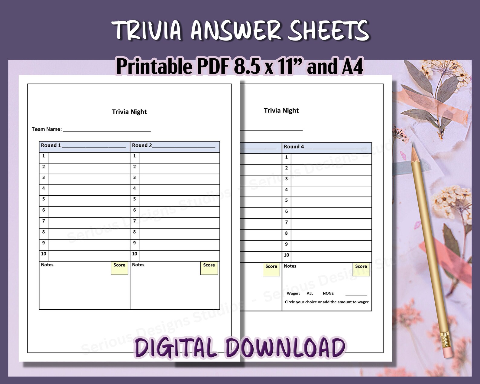 Printable Trivia Sheets, Prints Pages in US Letter and A4 Sizes, PDF ...