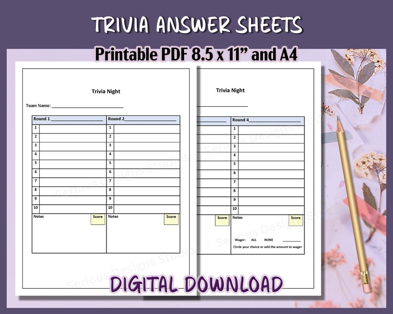Printable Trivia Sheets, Prints Pages in US Letter and A4 Sizes, PDF ...
