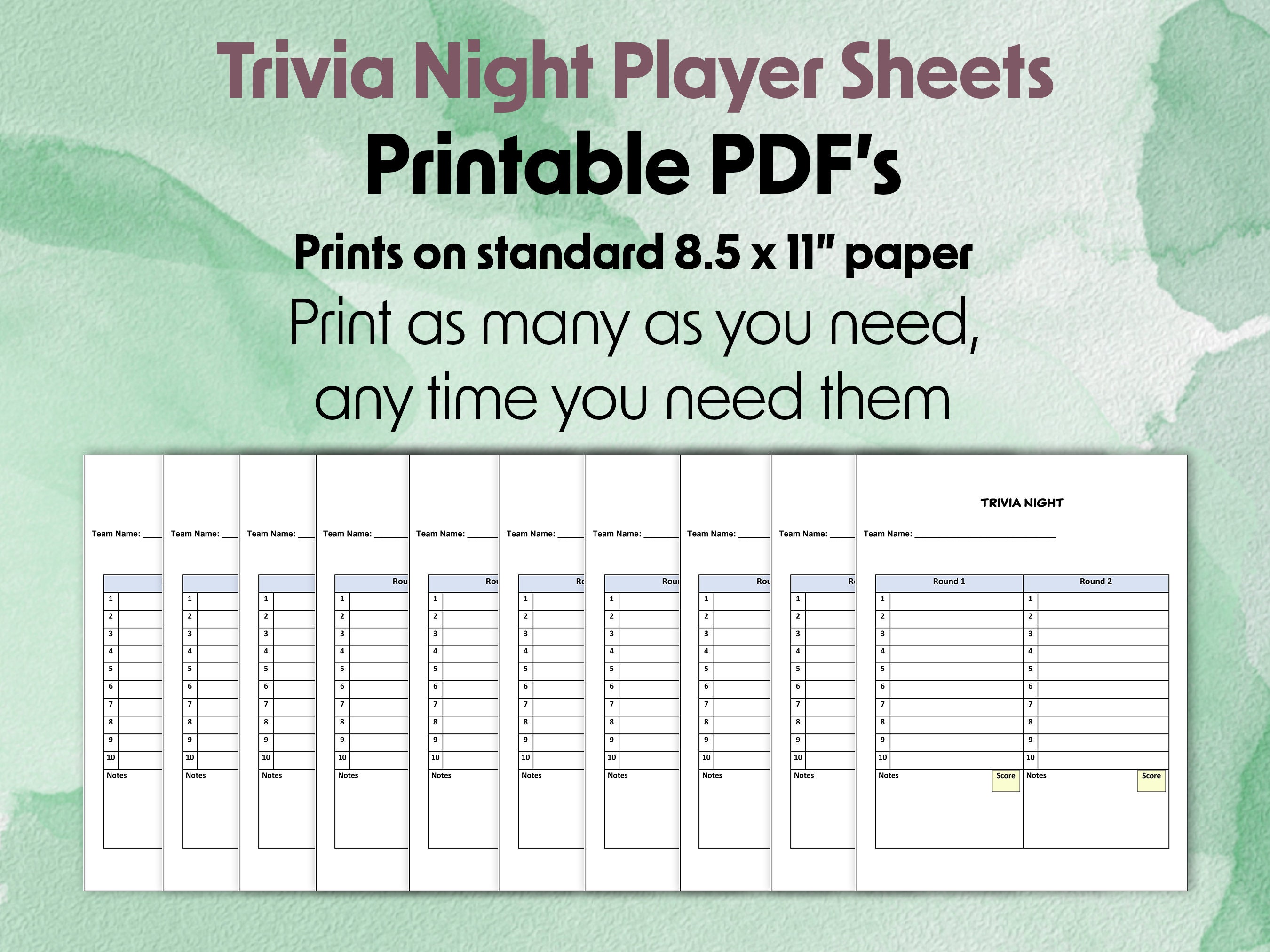 Trivia Answer Sheet, Printable PDF, 4 Rounds of 10 Questions, Blank ...