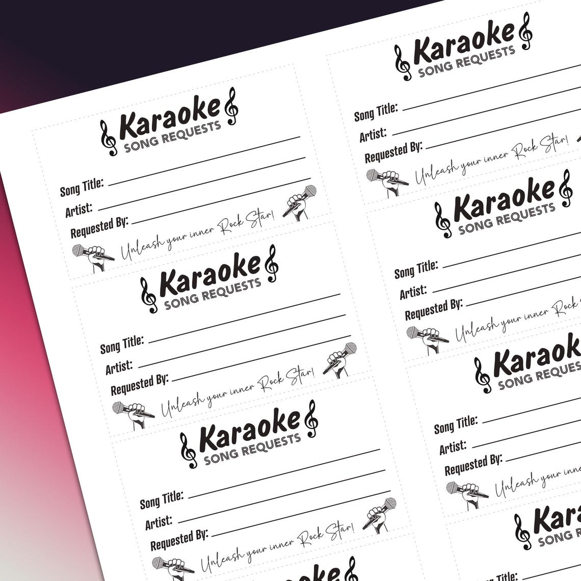 Karaoke Slips, Printable Karaoke Song Request Cards, Digital PDF for ...