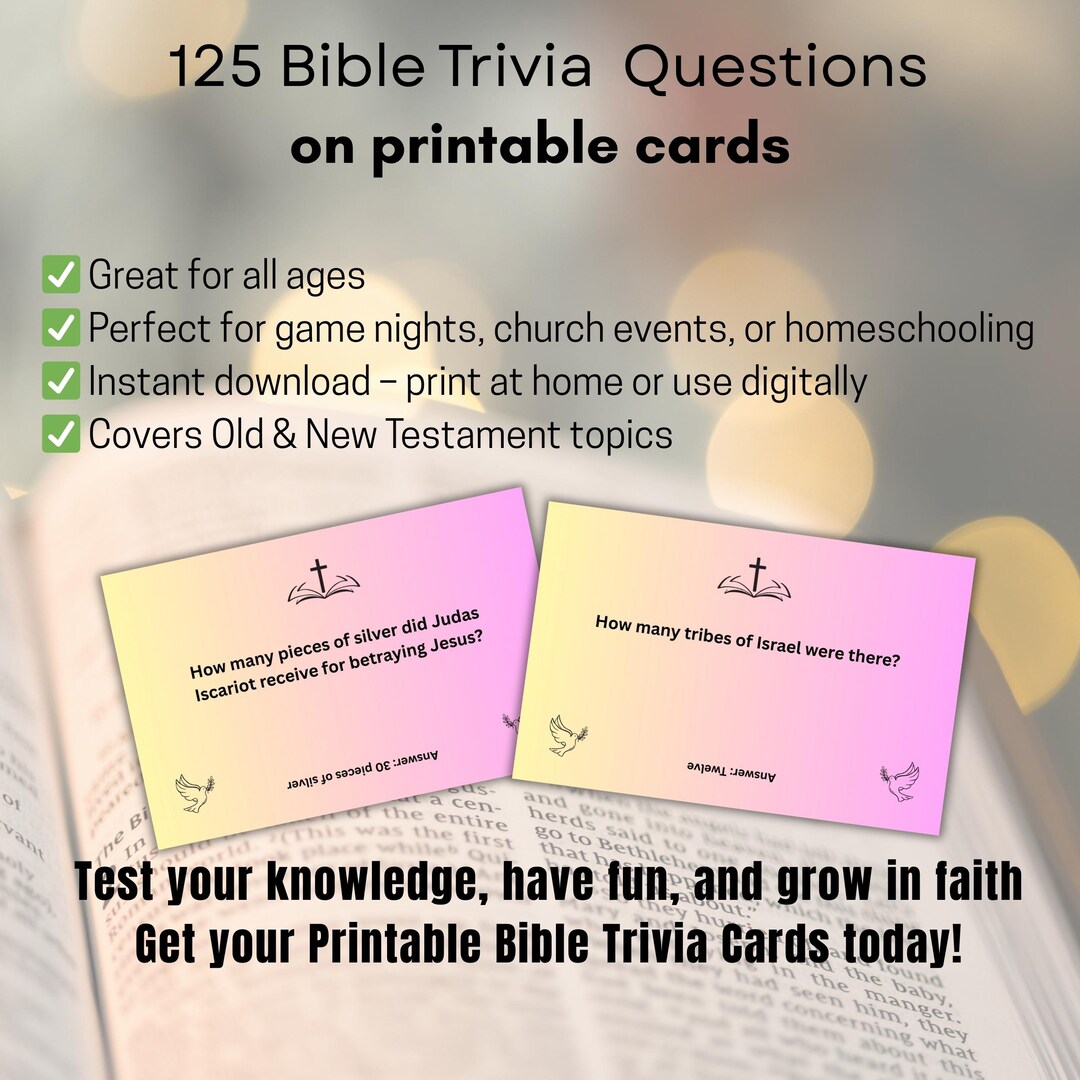 Bible Trivia, Printable Cards PDF, Bible Study Game, Old and New ...