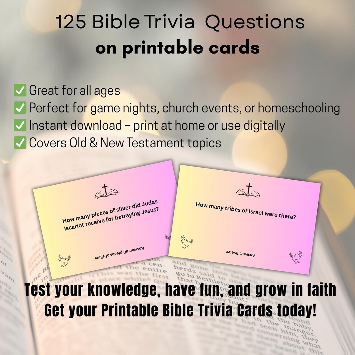 Bible Trivia Cards: Old & New Testament Family Game (digital Download ...