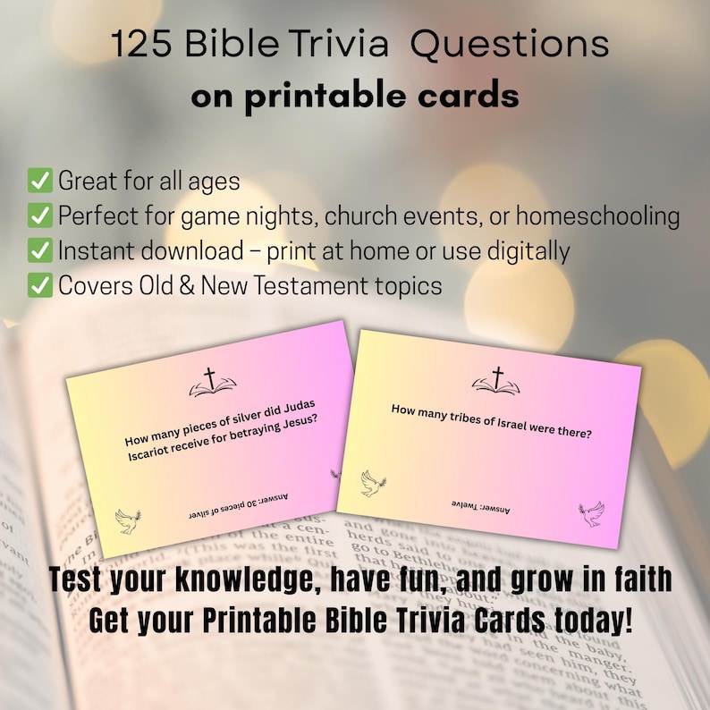 Bible Trivia, Printable Cards PDF, Bible Study Game, Old and New ...