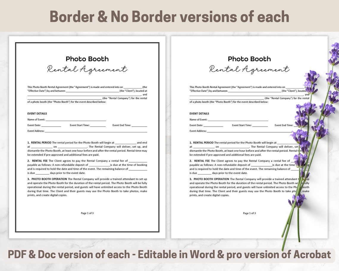 Photo Booth Rental Agreement, Editable and Fillable Contract, Digital ...