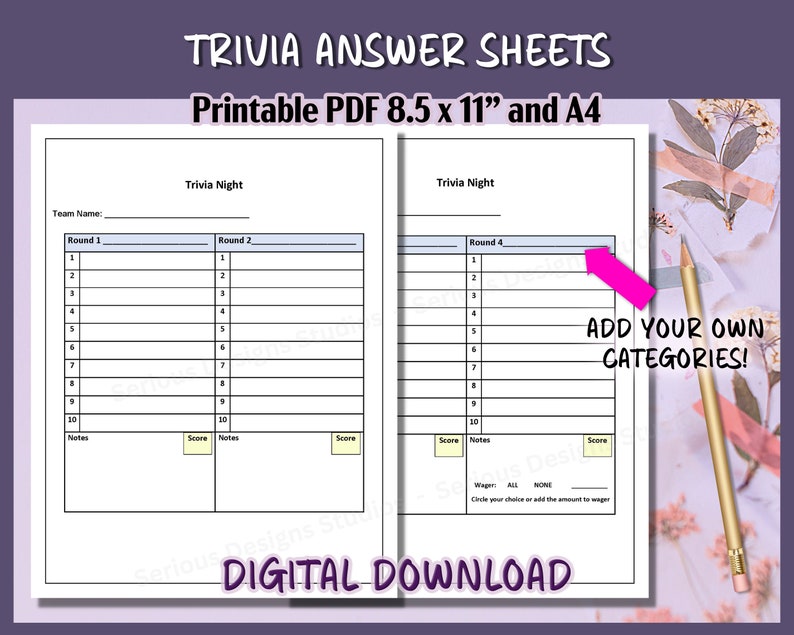 Printable Trivia Sheets, Prints Pages in US Letter and A4 Sizes, PDF ...