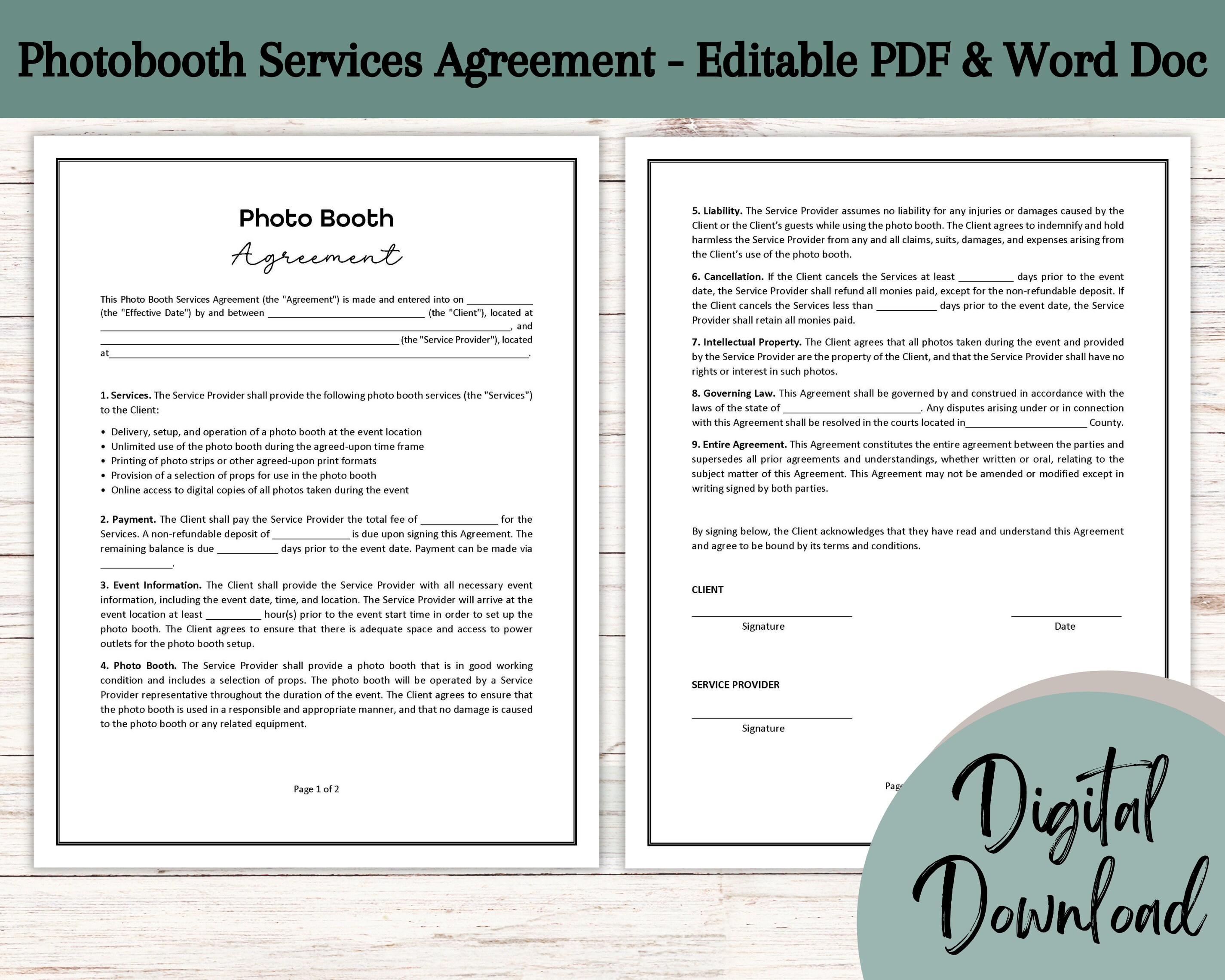 Photo Booth Contract, Editable and Printable Contract, Fillable ...