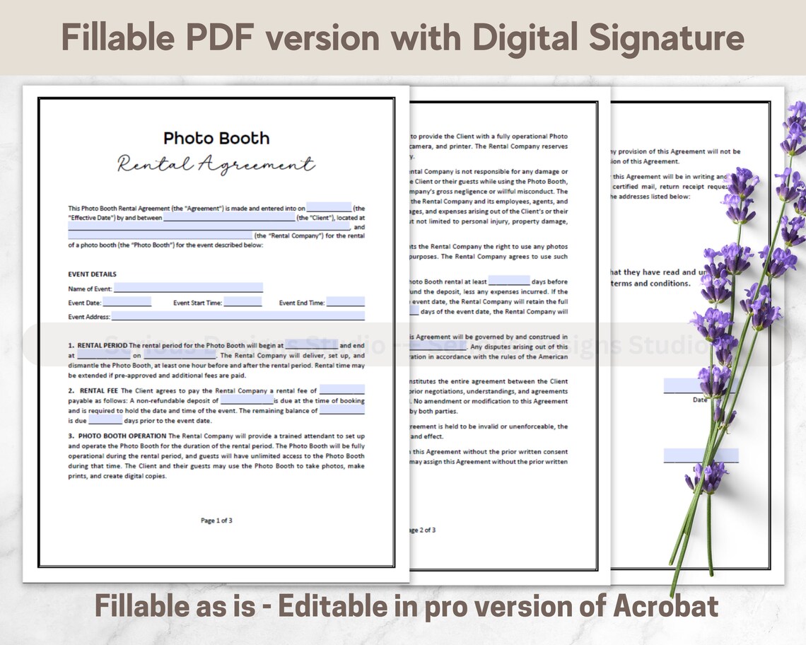 Photo Booth Rental Agreement, Editable and Fillable Contract, Digital ...
