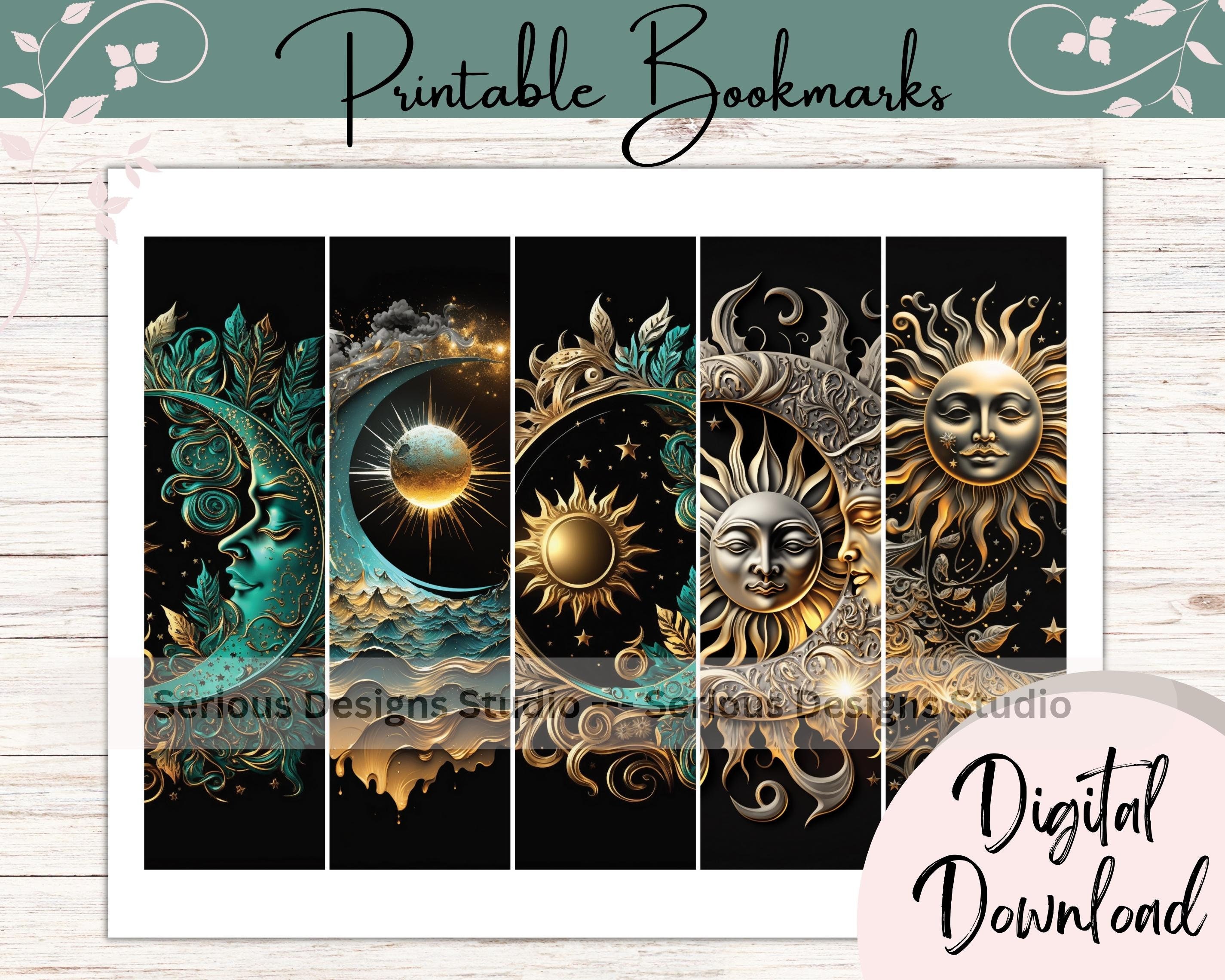 Celestial Bookmarks, Set of 5 Printable Bookmarks, Sun and Moon ...