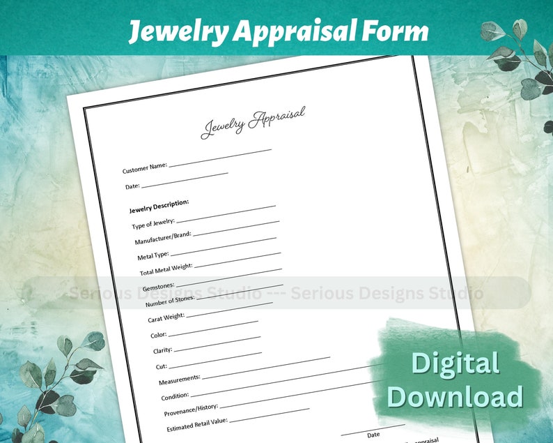 Jewelry Appraisal, Printable Appraisal, Appraisal Form for Jewelers and ...
