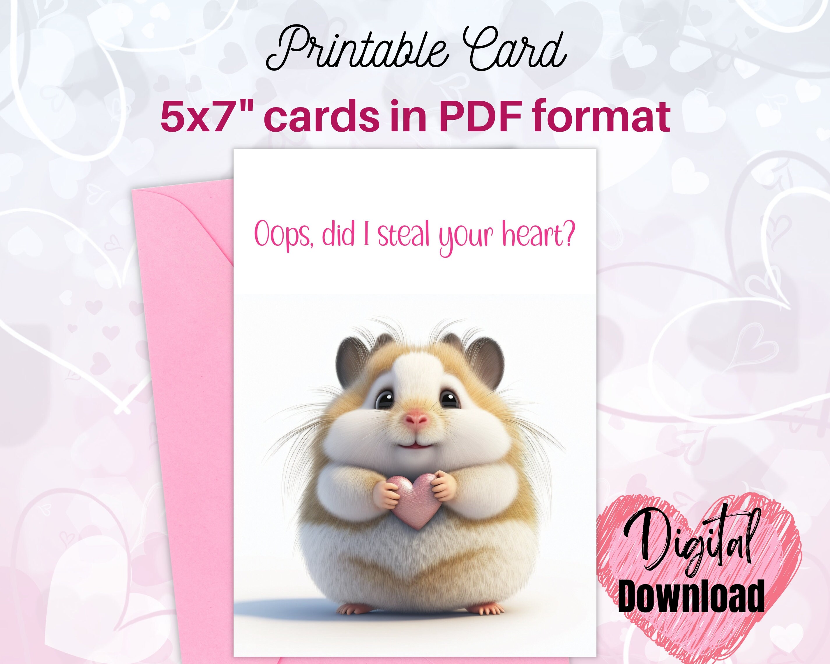 Printable Card for Valentines Day, Adorable Hamster Card, Affectionate ...