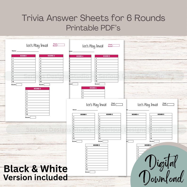 Printable Trivia Answer Sheets, 6 Rounds, Quiz Night (digital Download ...