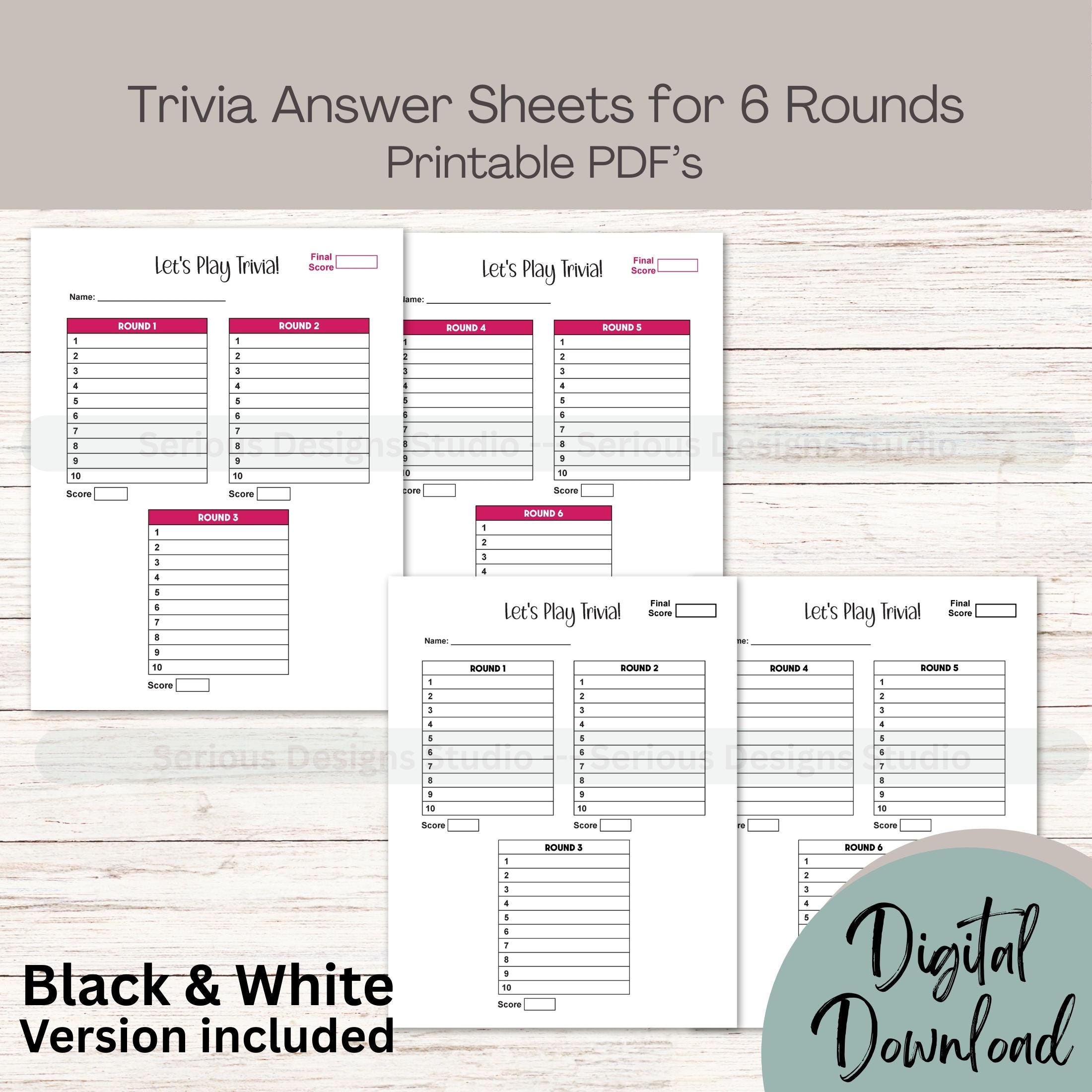 Printable Trivia Answer Sheets, 6 Rounds, Quiz Night (digital Download ...