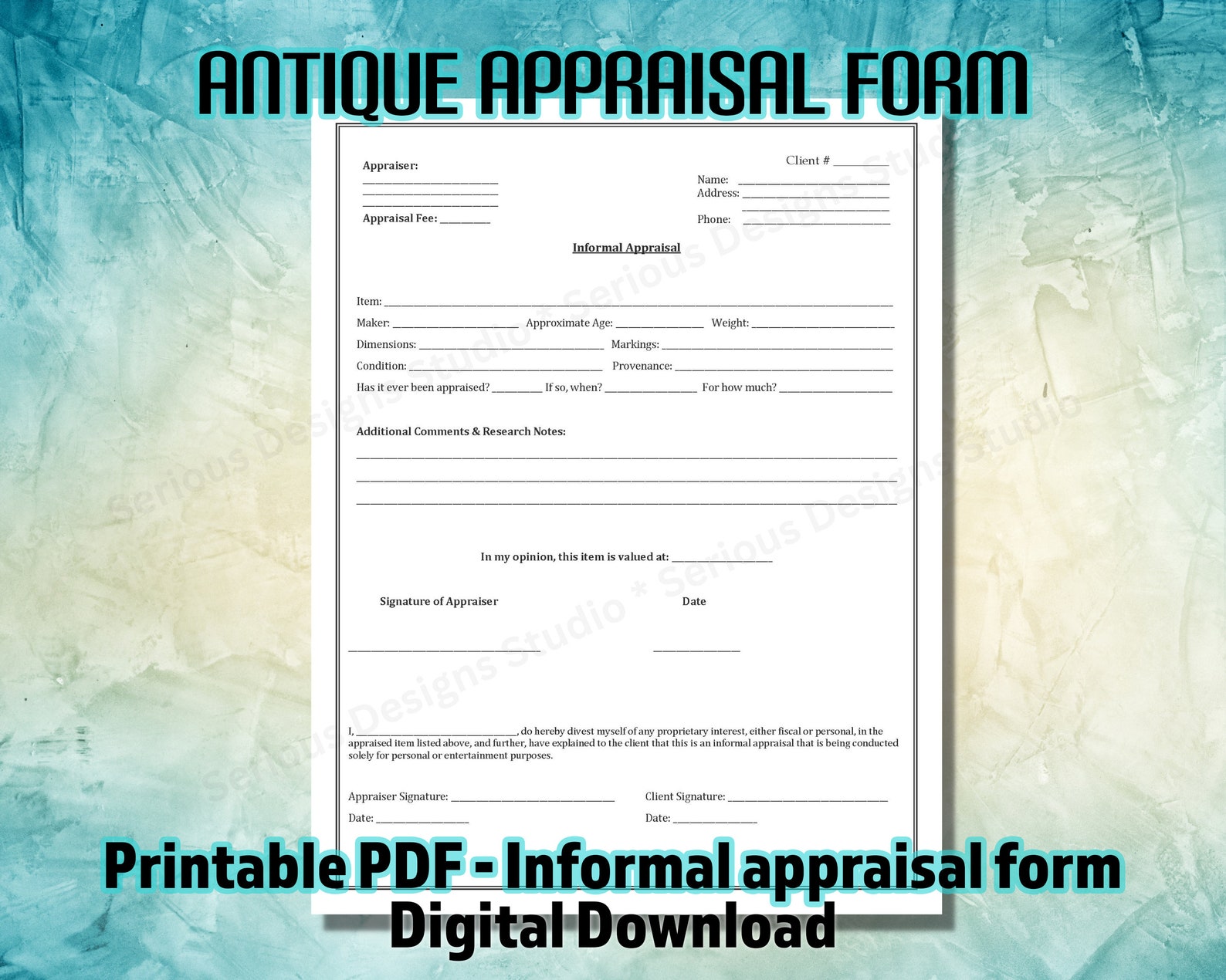 Antique Appraisal Form, Printable PDF, Appraisal Template for Antique ...