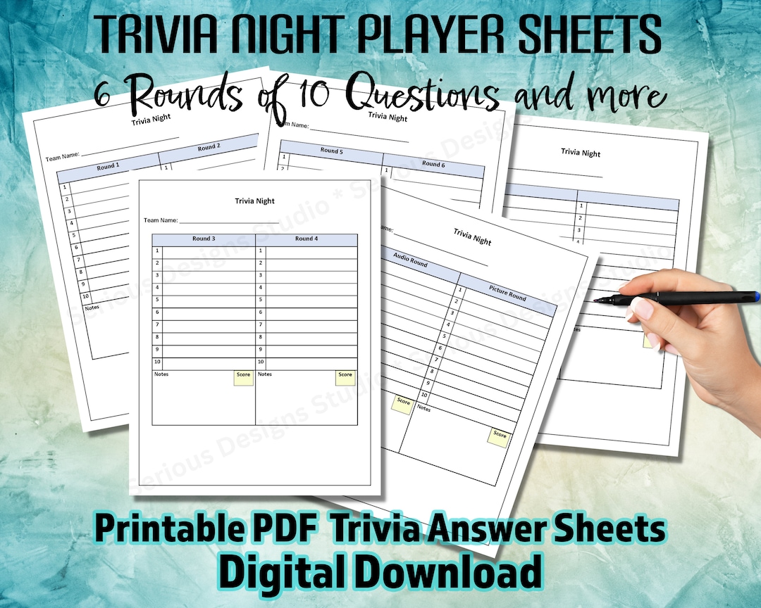 Trivia Night Sheets, Trivia Team Answer Sheets, Printable Pdf, US ...