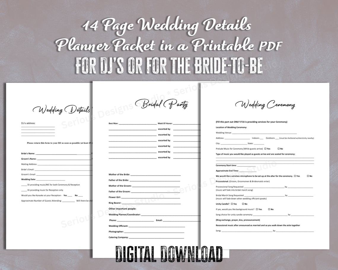Wedding DJ Planner, Printable Wedding Form for DJ, Wedding DJ Tools ...