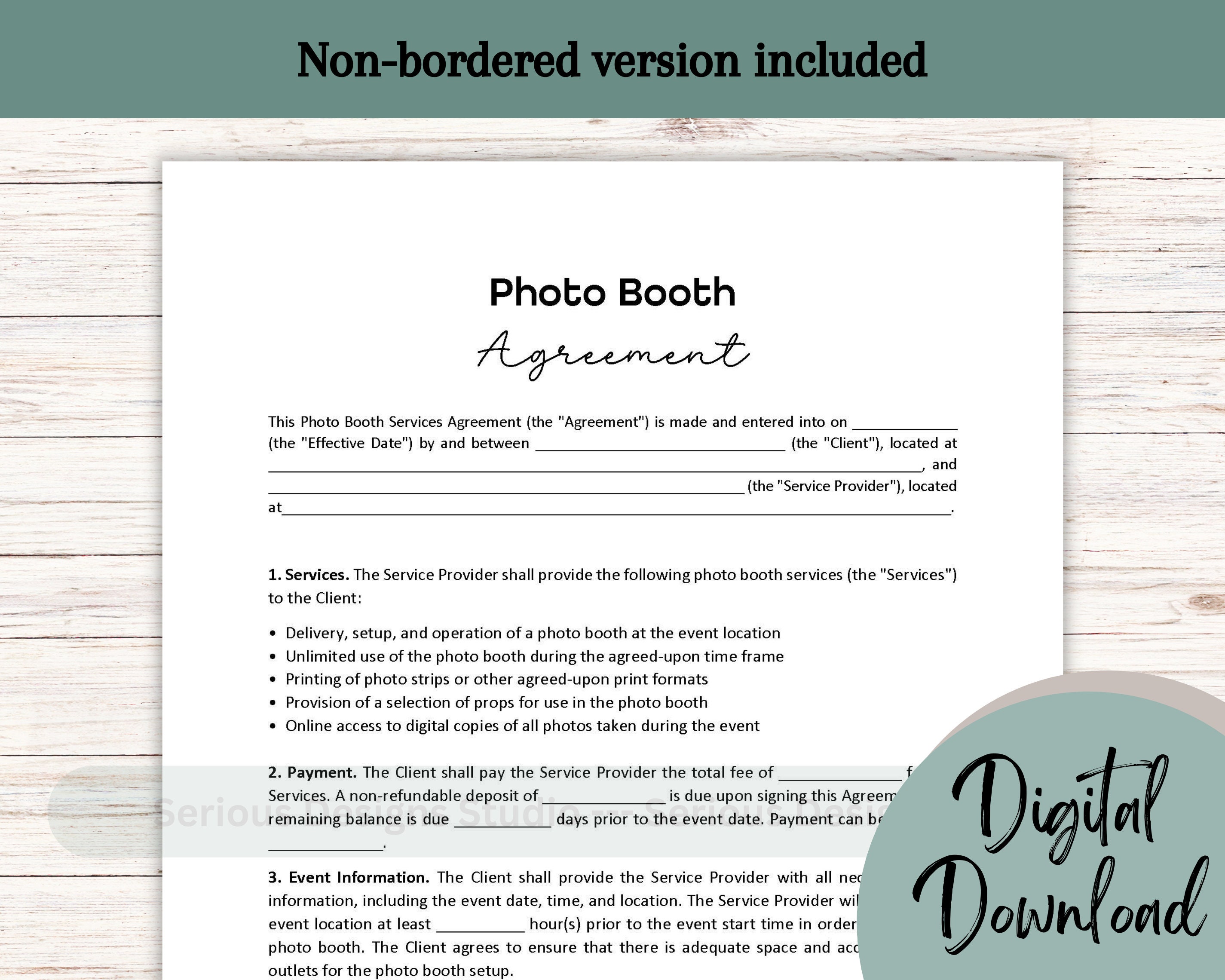 Photo Booth Contract, Editable and Printable Contract, Fillable ...