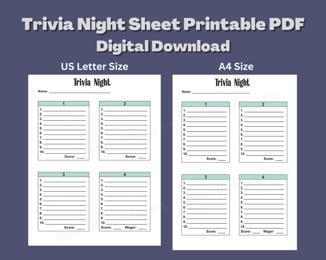 Trivia Answer Sheet, Trivia Night Player Sheet, Trivia Sheets, Print ...