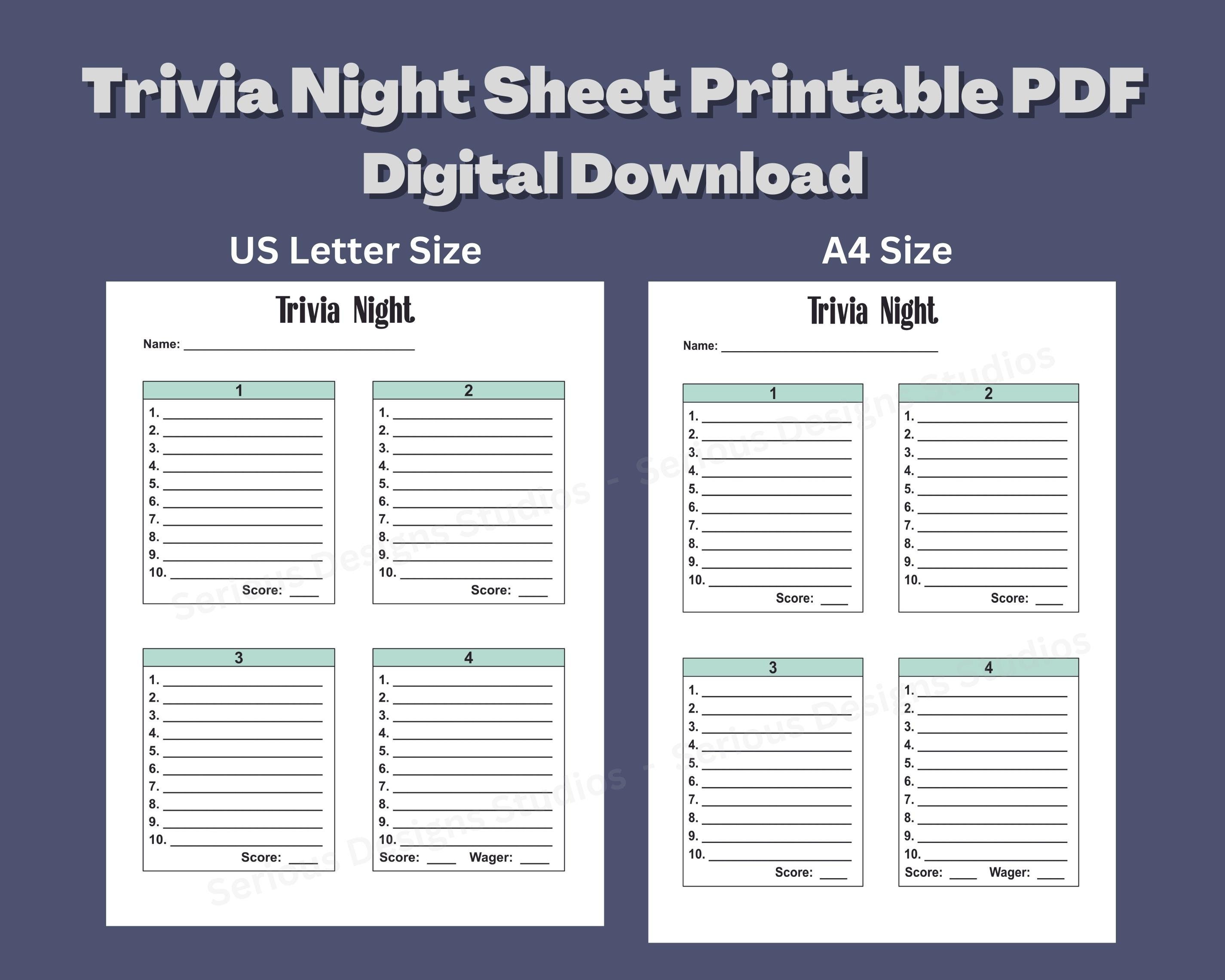 Trivia Answer Sheet Trivia Night Player Sheet Trivia Sheets Print Trivia Answer Sheet Trivia Night Player Sheet Trivia Sheets Print