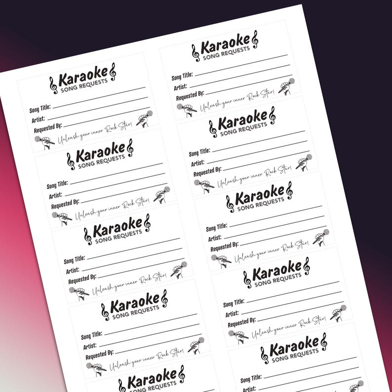 Karaoke Slips, Printable Karaoke Song Request Cards, Digital PDF for ...