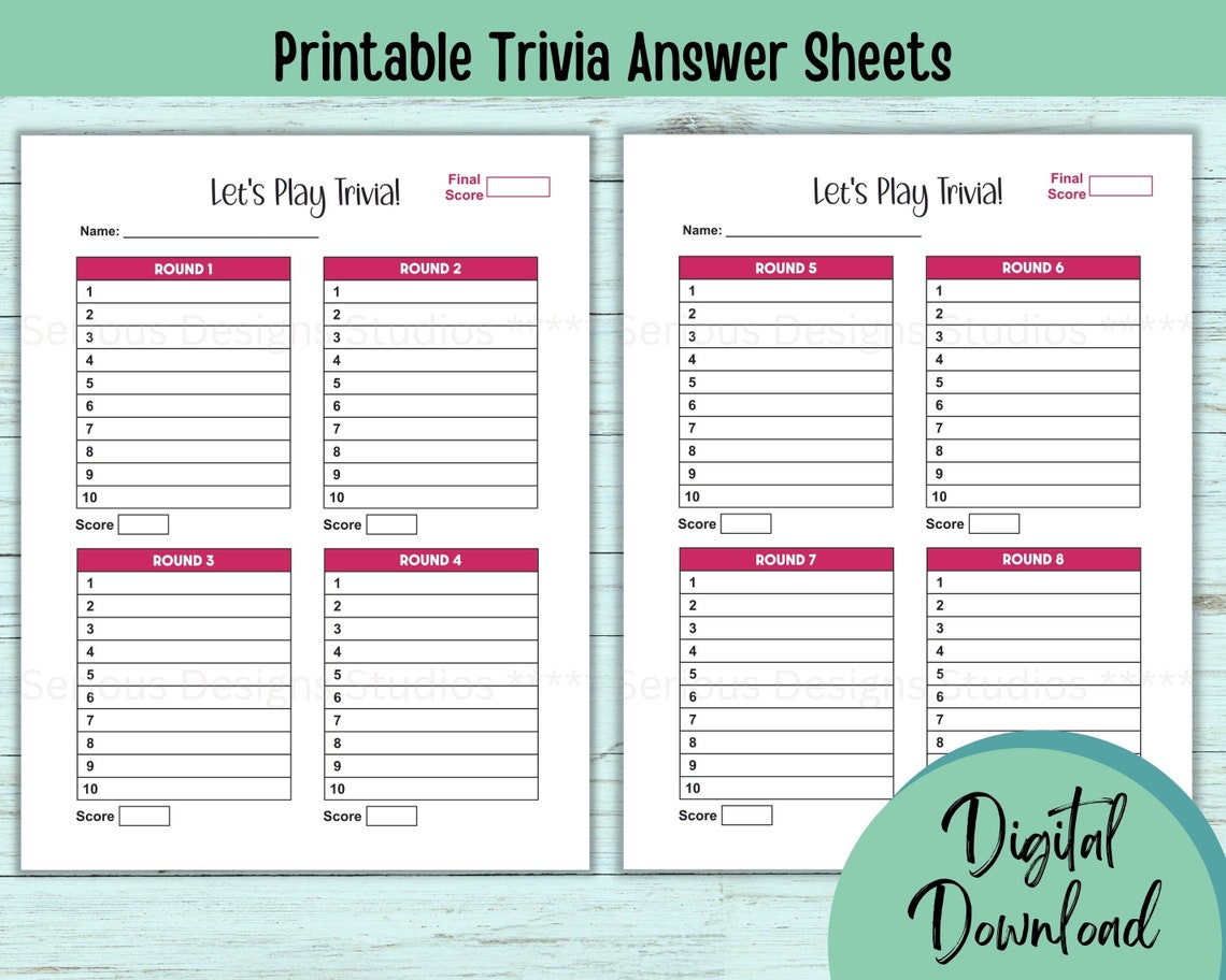 Trivia Answer Sheet, Printable Trivia Sheets, Trivia Host Tools, Trivia ...