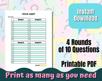 Trivia Answer Sheet, Printable PDF, 4 Rounds of 10 Questions, Blank ...