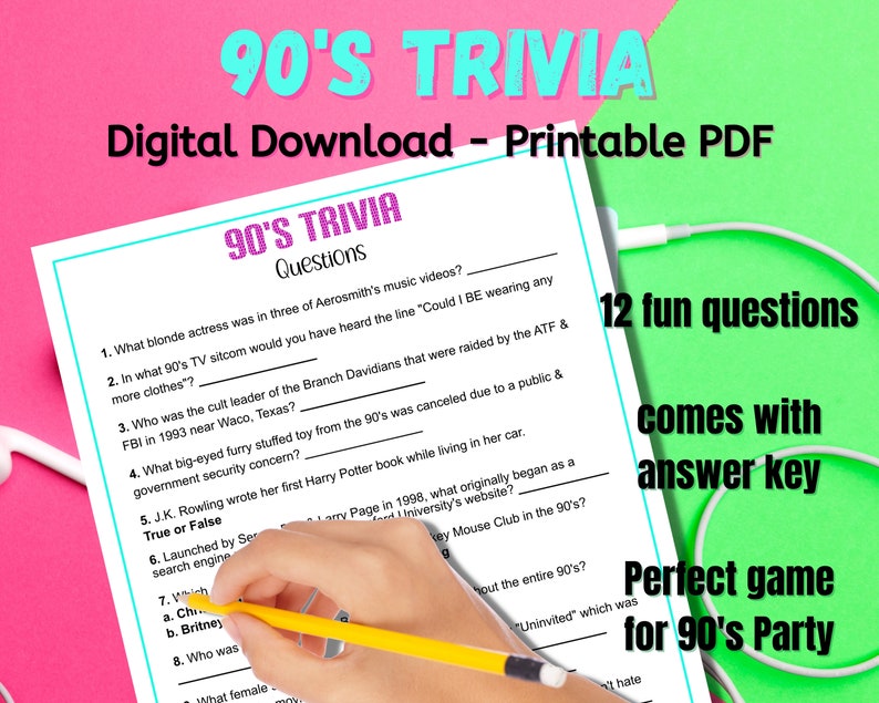 90s Party Trivia Game Printable PDF File 12 Trivia - Etsy