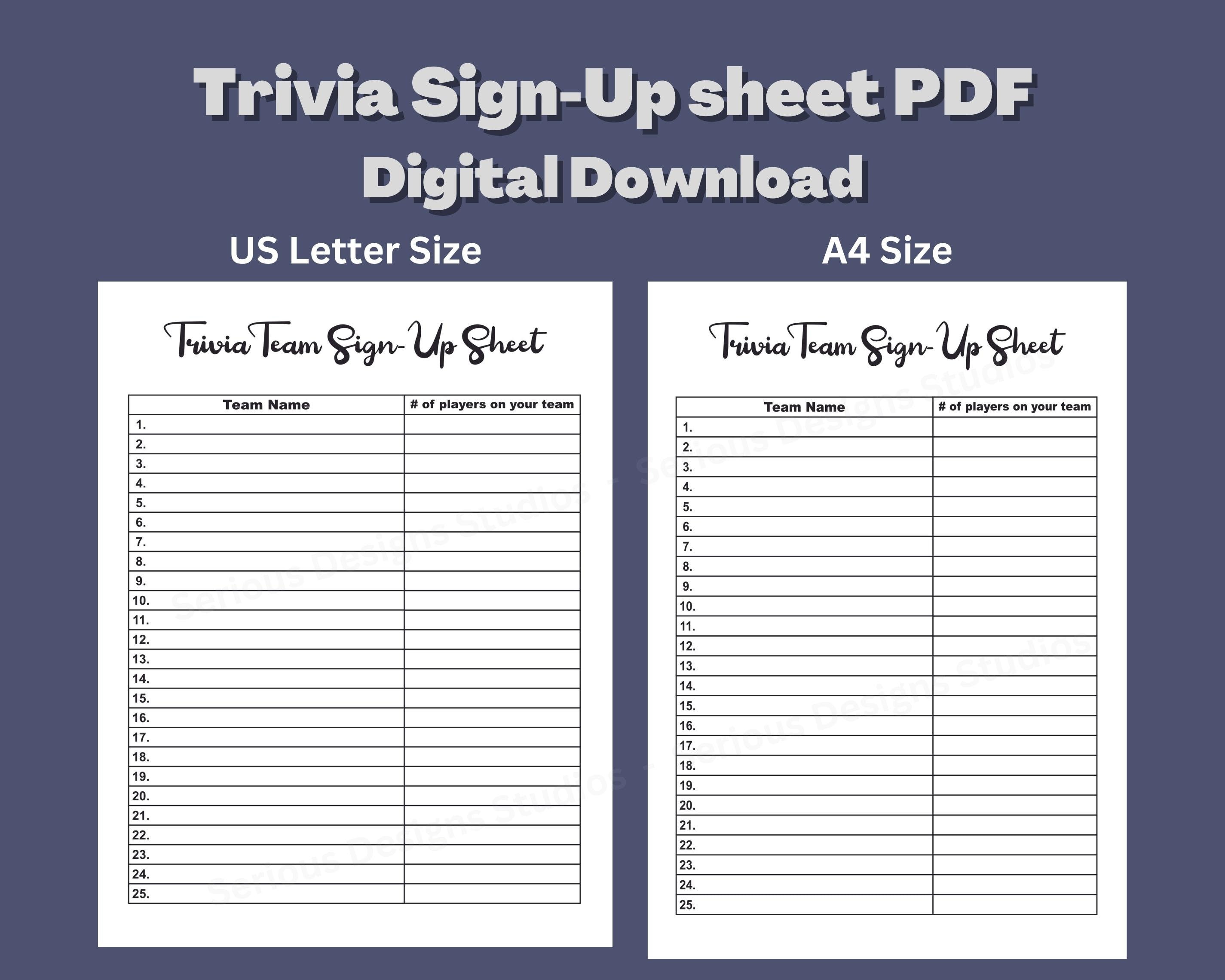 Trivia Team Sign-up Sheet: US Letter & A4 (digital Download) - Etsy