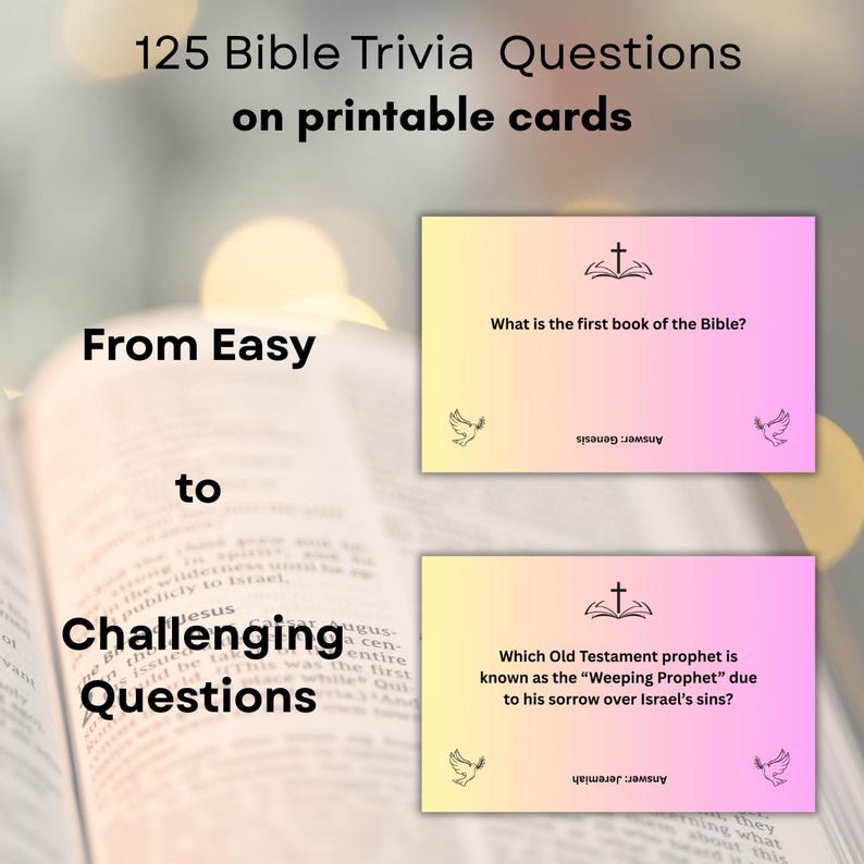 Bible Trivia, Printable Cards PDF, Bible Study Game, Old and New ...