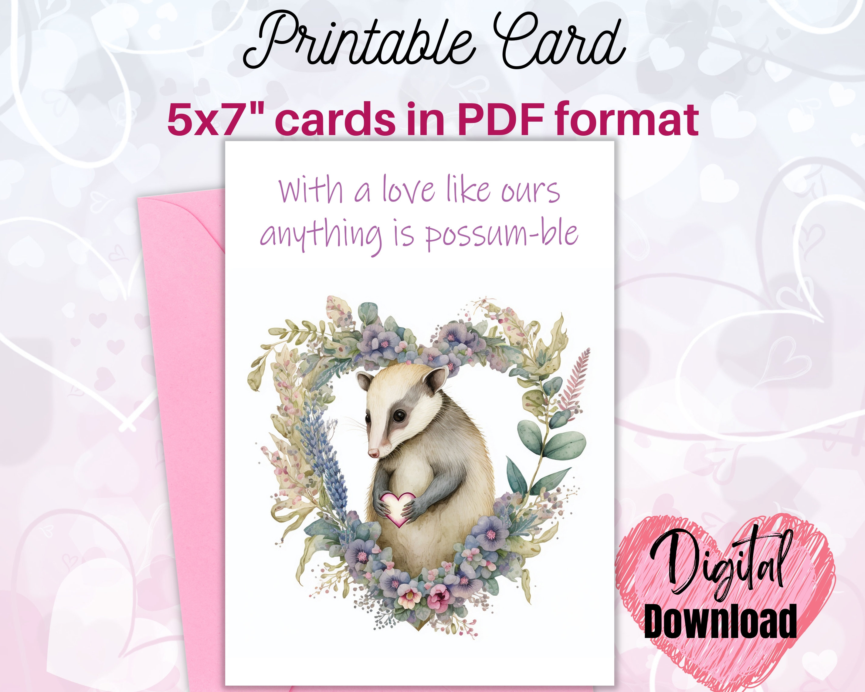 Printable Valentine's Day Card, Possum Pun Card, Digital Download, Cute Card for Her, Animal ...