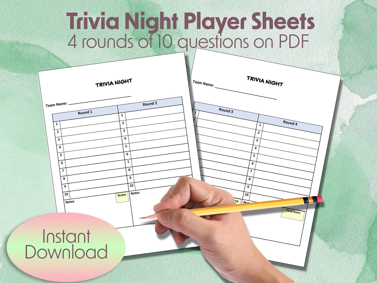 Trivia Answer Sheet, Printable PDF, 4 Rounds of 10 Questions, Blank ...