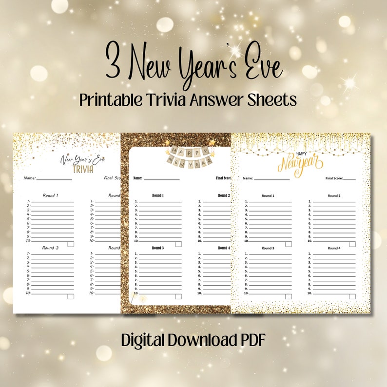 Trivia Player Sheets, New Year Theme Trivia, Printable Trivia Sheets ...