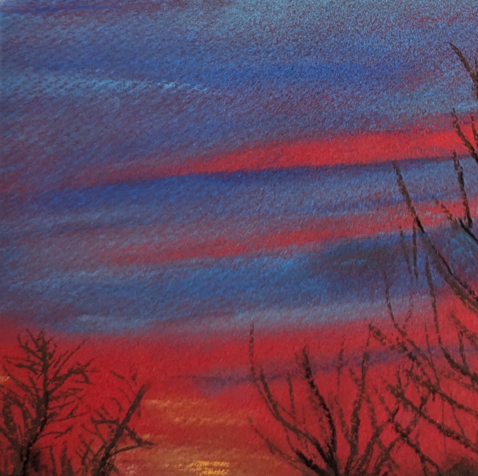 Dry Pastel Painting - Landscape With Blazing and Cloudy Sky, Light of ...