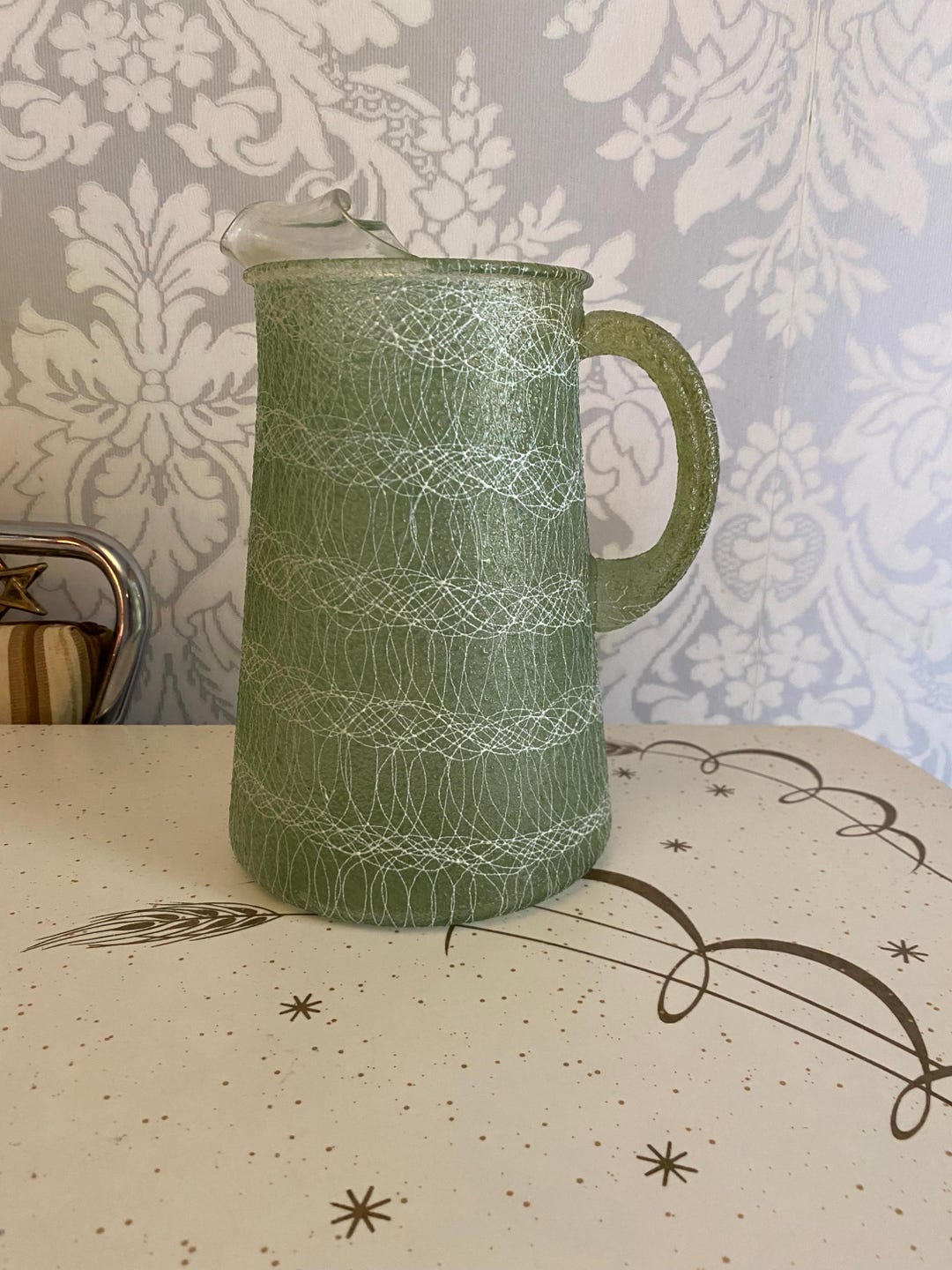 Vintage 1950s–60s Spaghetti Glass Pitcher – Textured Green Frosted Jug ...