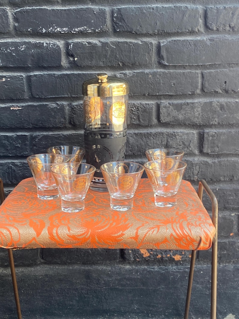 Vintage 1950s Continental Can Coin Cocktail Set – 8 Pc Gold Decorated ...