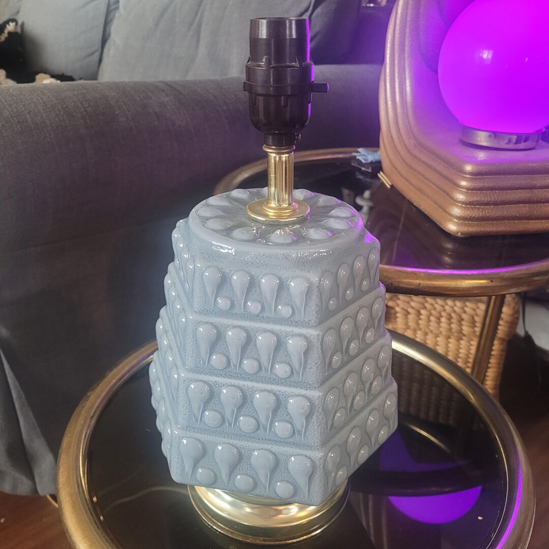 Unique Vintage Glass Lamp Base –sky Blue & Brass Accent Lamp, 80s Retro ...