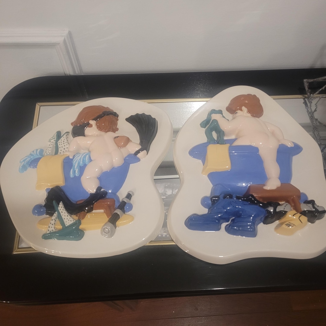 Cute Cheeky Bottoms, 2 Ceramic Wall Plaques, Little Boy With Flippers ...