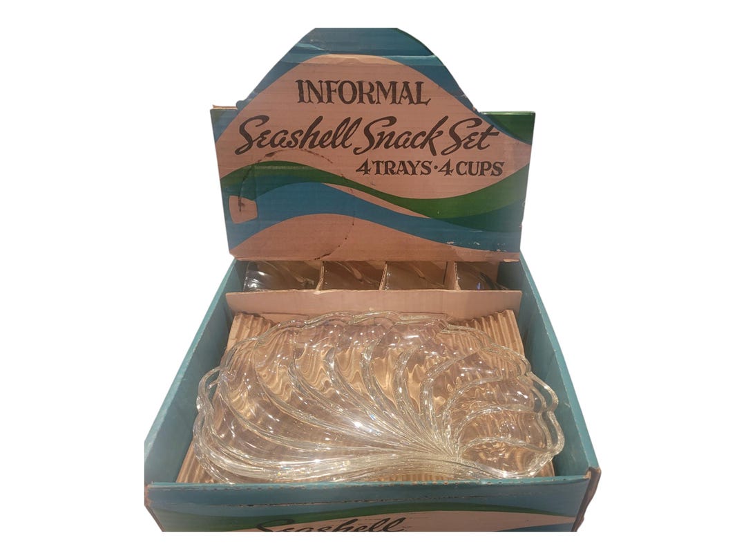 Hazel Atlas Glass INFORMAL SEASHELL Clear Snack Set 4 Cups/plates Swirl ...