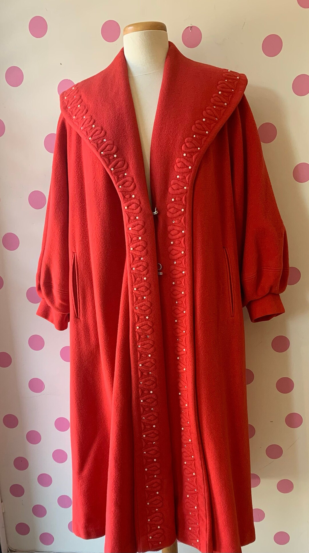 1940's Red Wool Duster Long Coat With Crystal and Pearl Embellishments ...