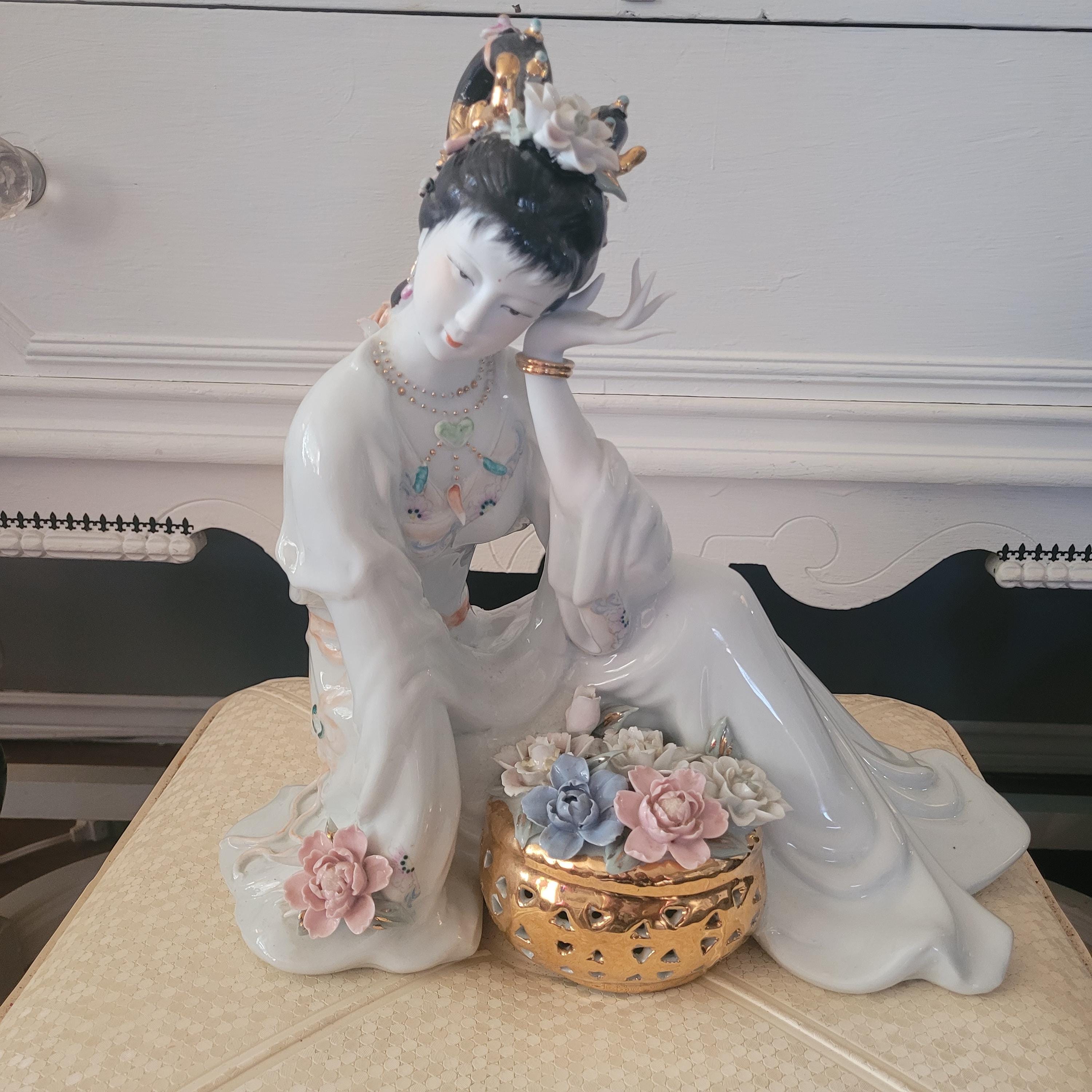 Porcelain Asian Geisha Girl Figurine With Flowers It's Heavy and ...