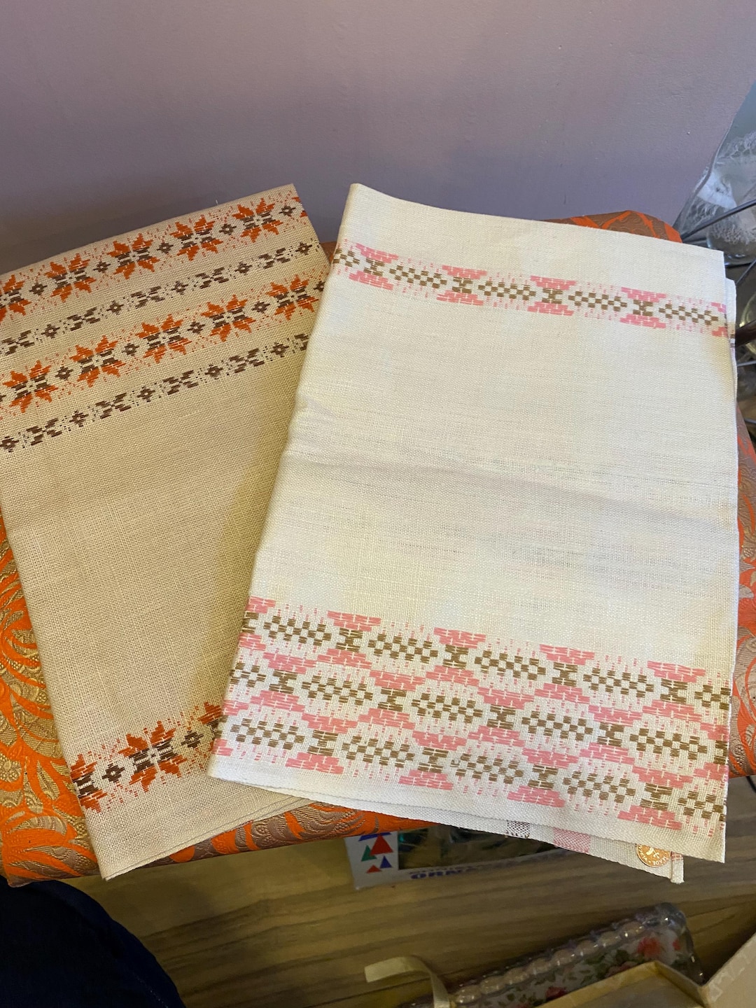 Vintage Pair of Neutral Tone Linen Tea Towels Kitchen Towels Made in ...