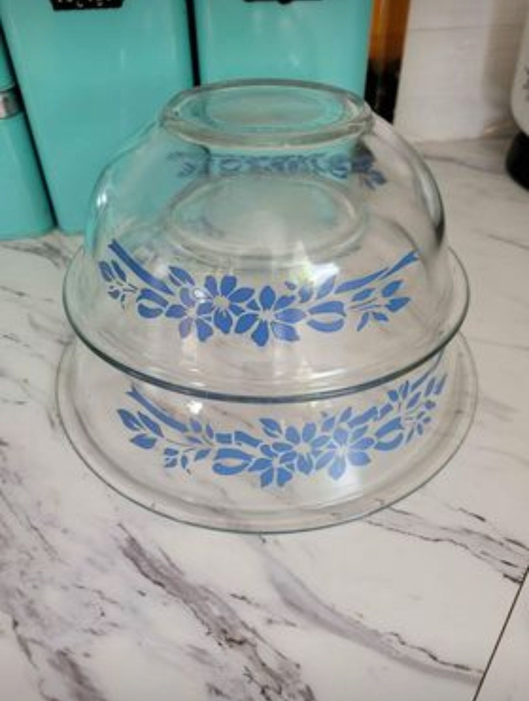 80s Clear Pyrex Bowls With Blue Flowers and Ribbons. - Etsy