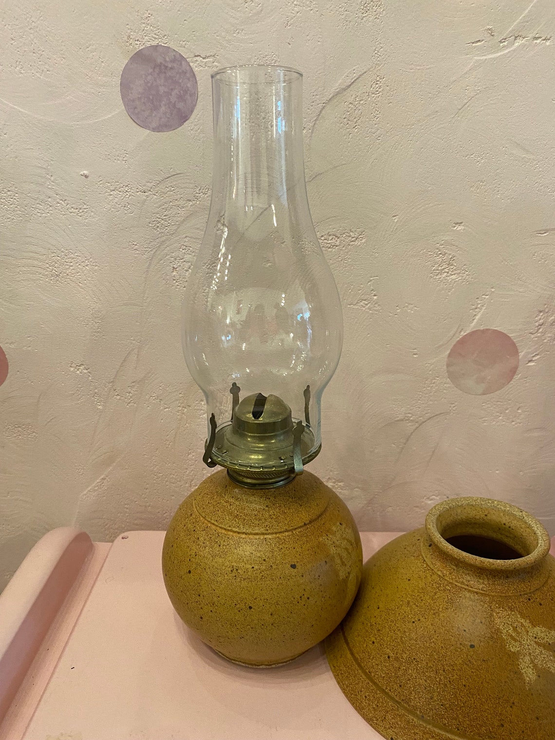 Vintage Handmade Art Pottery Oil Lamp With Pottery Shade, Pottery ...
