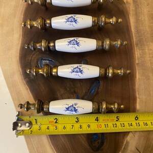 Set of 13 Vintage 1979 Brass & Porcelain Drawer Pulls – Blue Floral, 3” Center-to-center, 5 ...